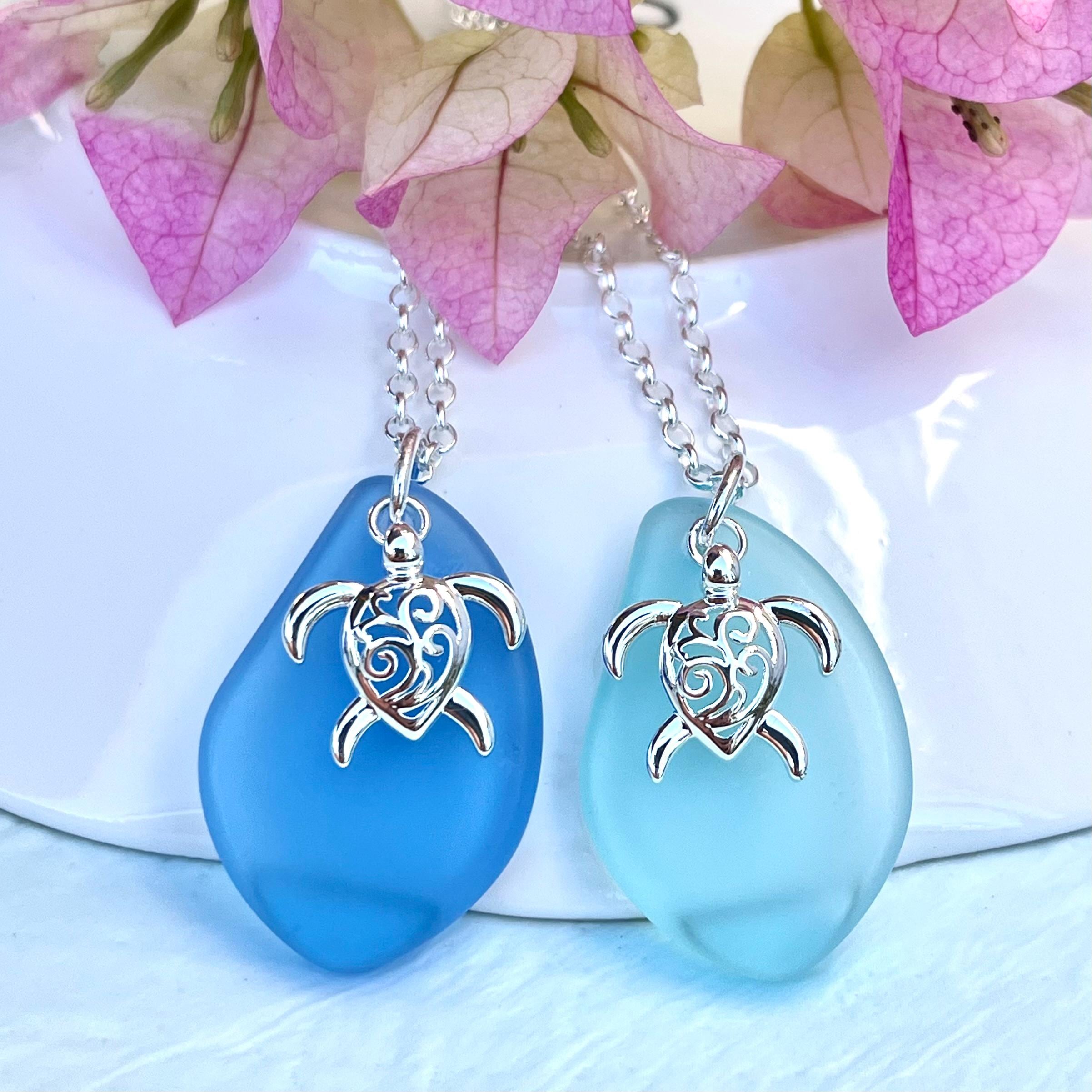 Hawaii Sea Turtle Light Blue Sea Glass Necklace – Handmade in ...