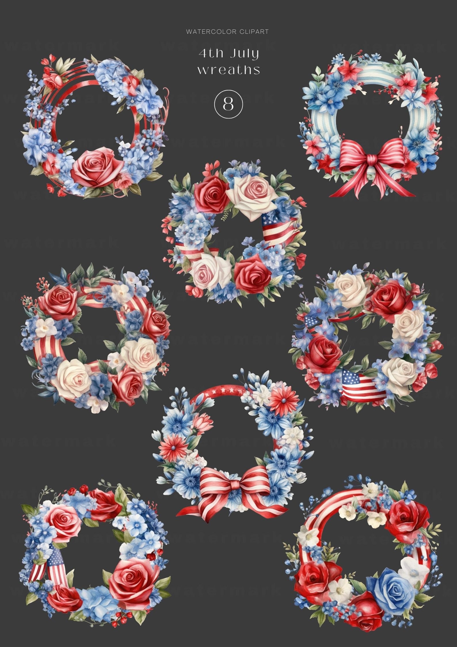 Watercolor Patriotic Roses Clipart Fourth of July Wreath PNG Red White ...