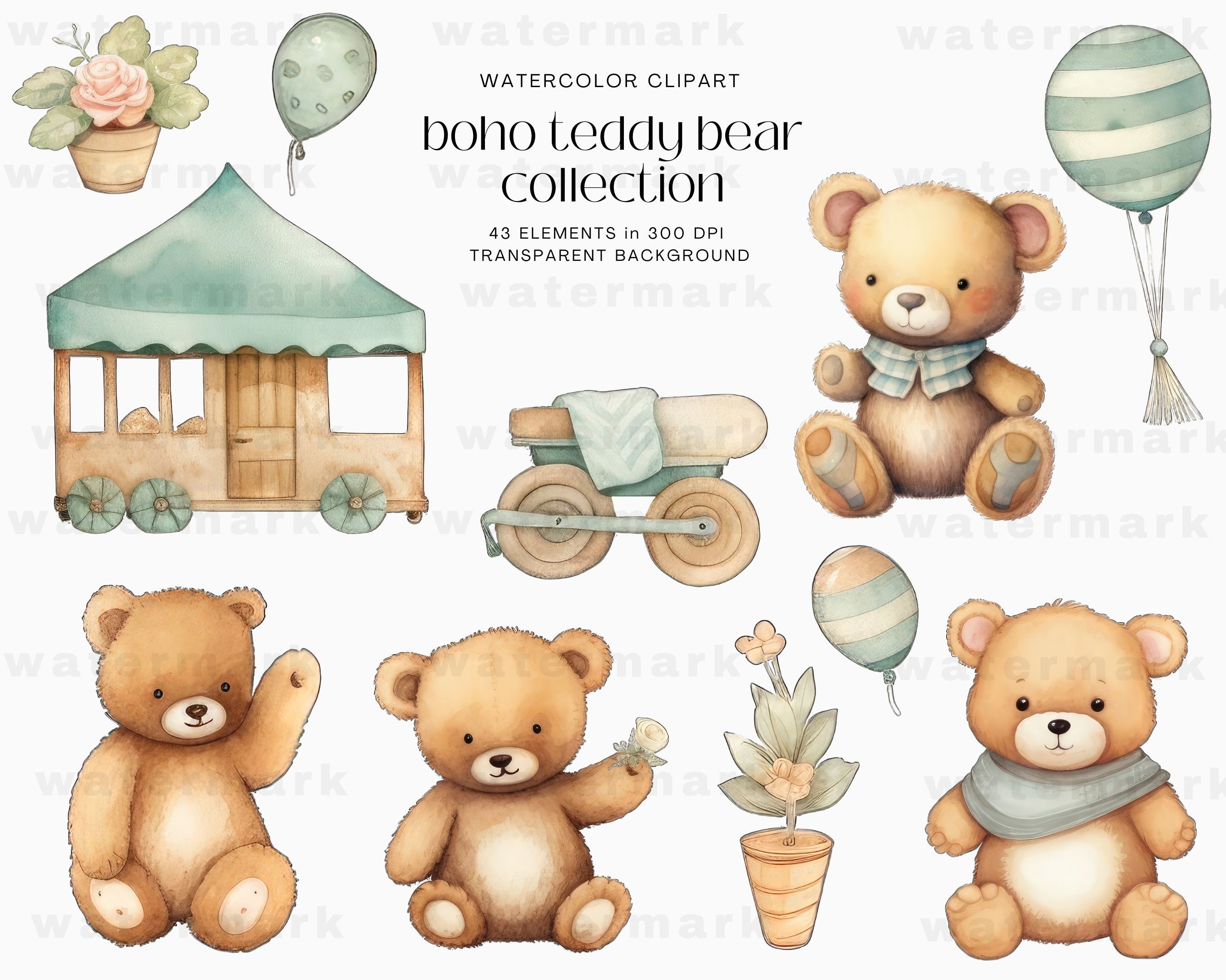 Boho Teddy Bear Watercolor Clipart Baby Shower Baby Monthly Clip Arts ...