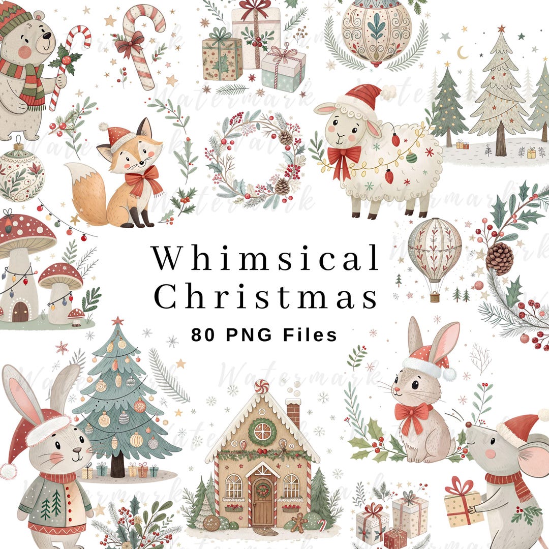 Whimsical Christmas Clipart, Christmas Watercolor Clip Art, Christmas ...