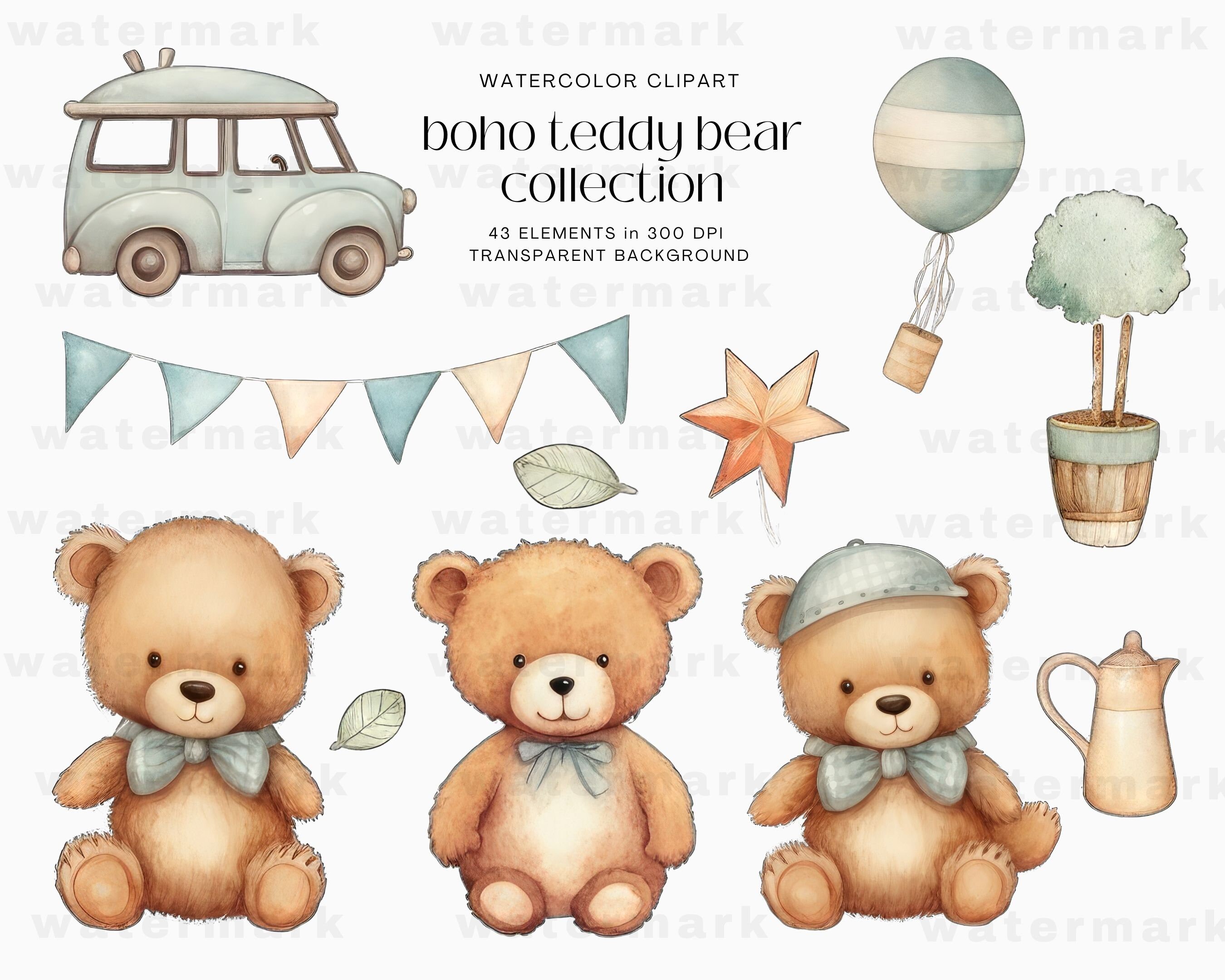 Boho Teddy Bear Watercolor Clipart Baby Shower Baby Monthly Clip Arts ...