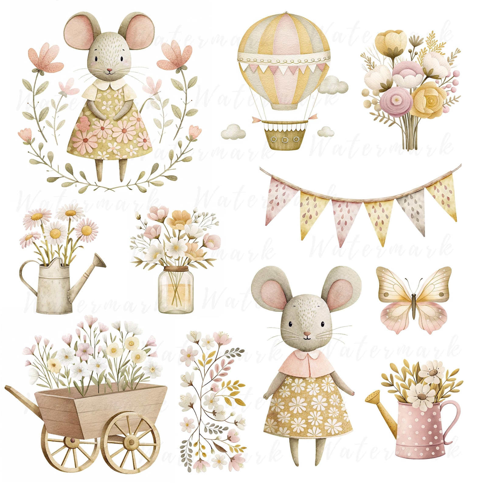 Mouse Clipart Watercolor, Nursery Clipart Bundle, Digital PNG Files ...