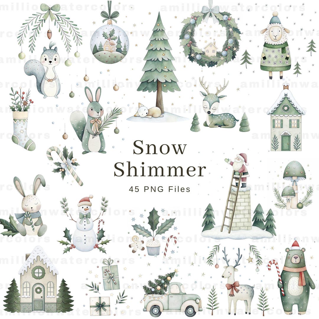 Whimsical Christmas Clipart, Christmas Watercolor Clip Art, Christmas ...