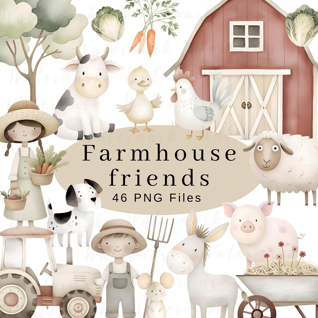 Cute Farm Clipart, Watercolor Farm Life, Watercolor Cute Farm Clipart ...
