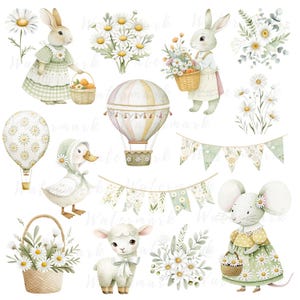 Easter Daisy Clipart Watercolor Spring Country Basket Cute Bunnies ...