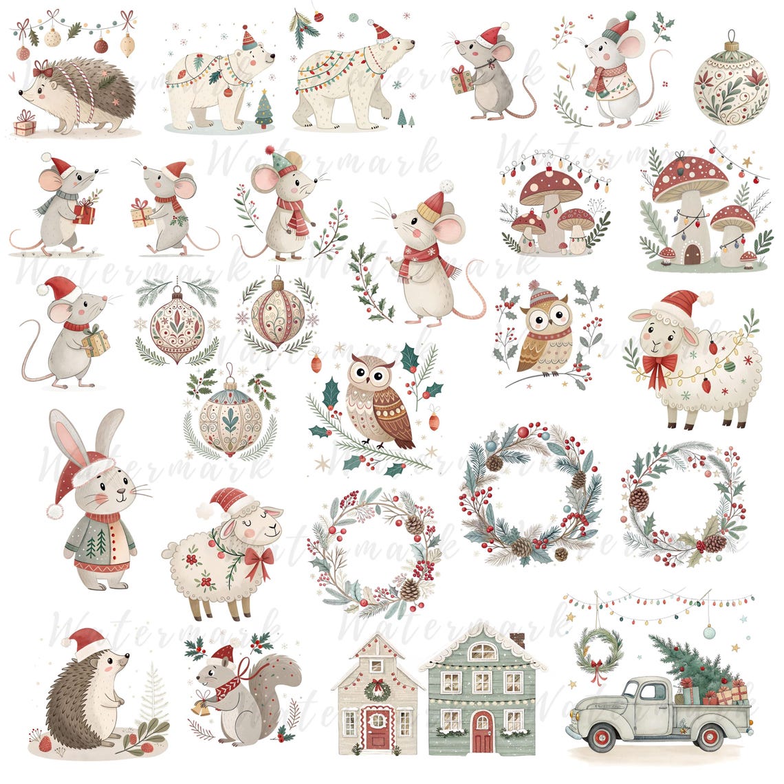 Whimsical Christmas Clipart, Christmas Watercolor Clip Art, Christmas ...