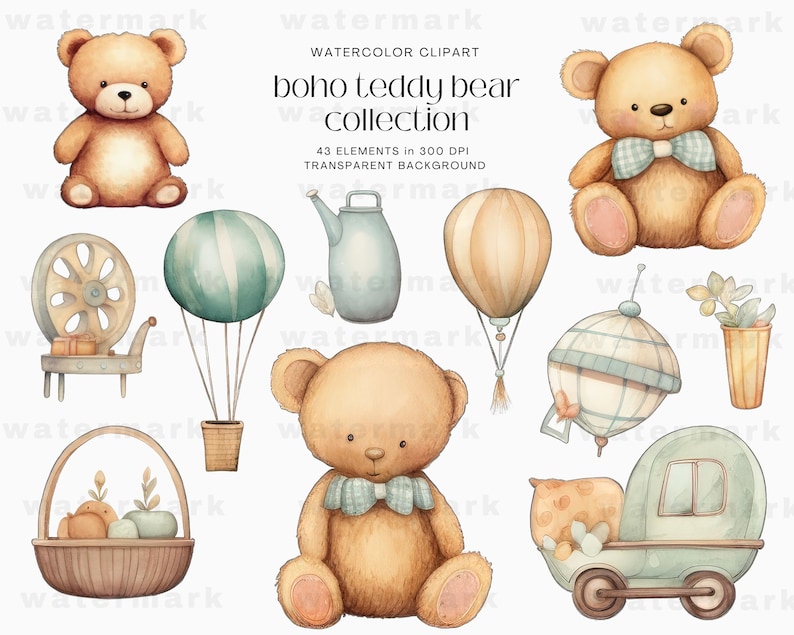 Boho Teddy Bear Watercolor Clipart Baby Shower Baby Monthly Clip Arts ...