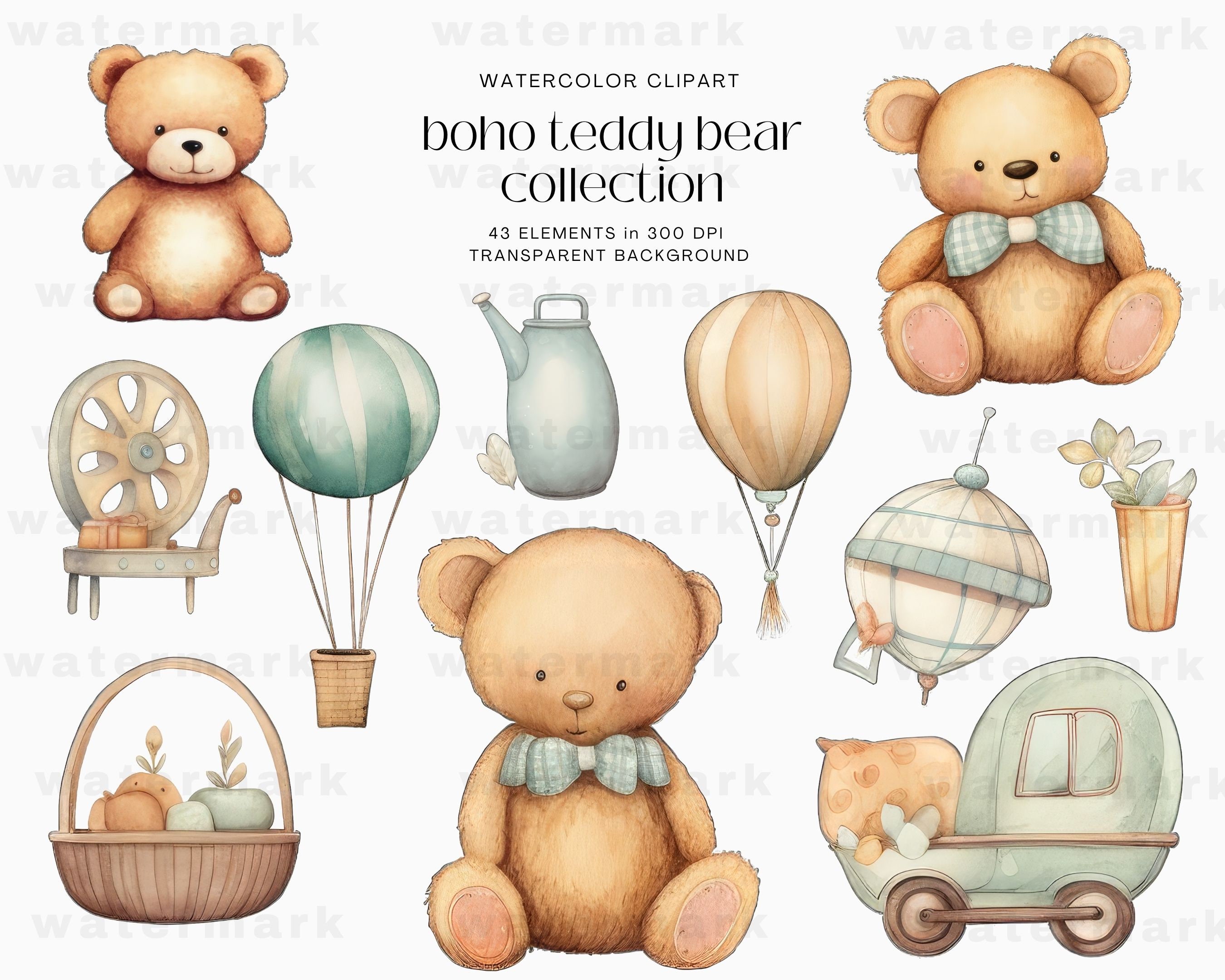 Boho Teddy Bear Watercolor Clipart Baby Shower Baby Monthly Clip Arts ...