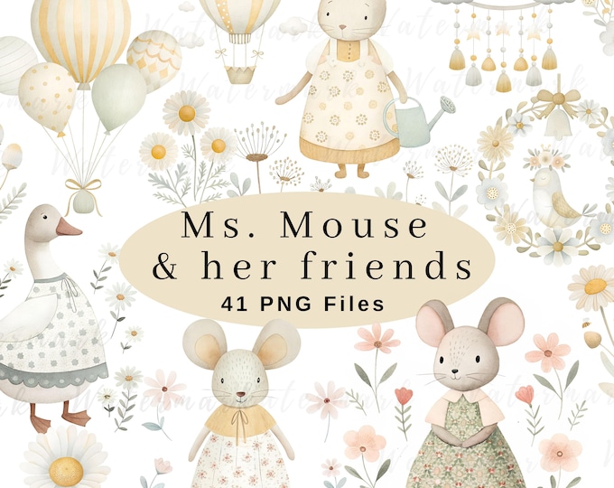 Mouse Clipart Watercolor, Nursery Clipart Bundle, Digital PNG Files ...
