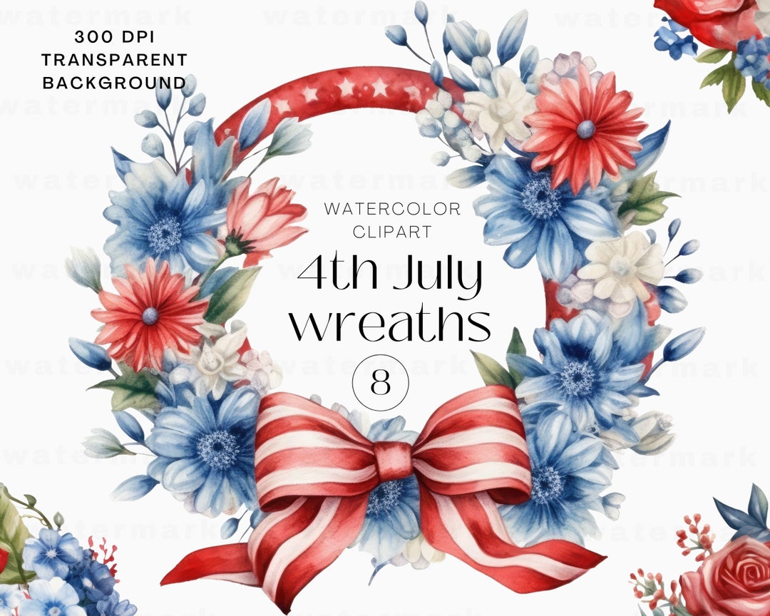Watercolor Patriotic Roses Clipart Fourth of July Wreath PNG Red White ...