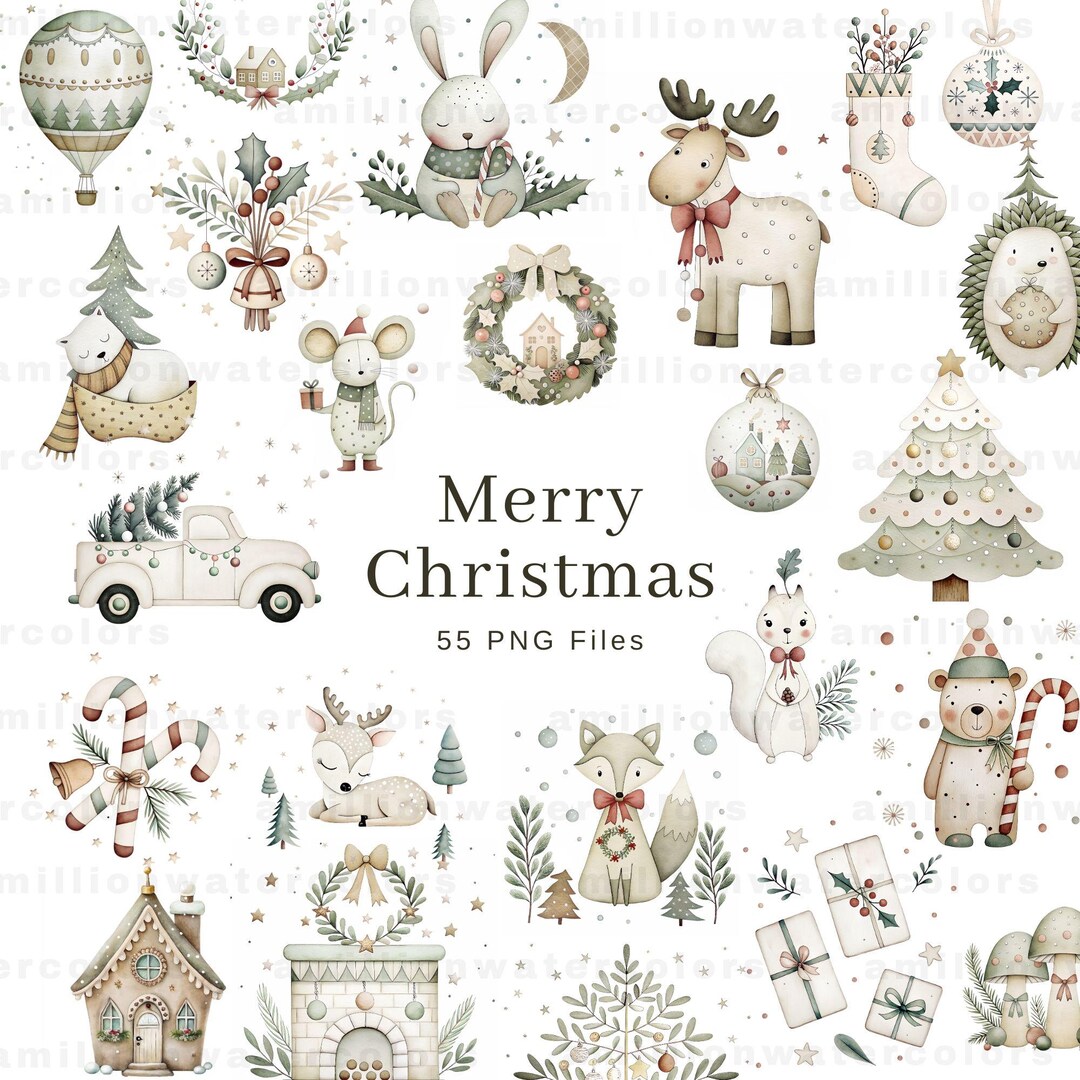 Handdrawn Christmas Clipart, Christmas Watercolor Clipart, Christmas ...