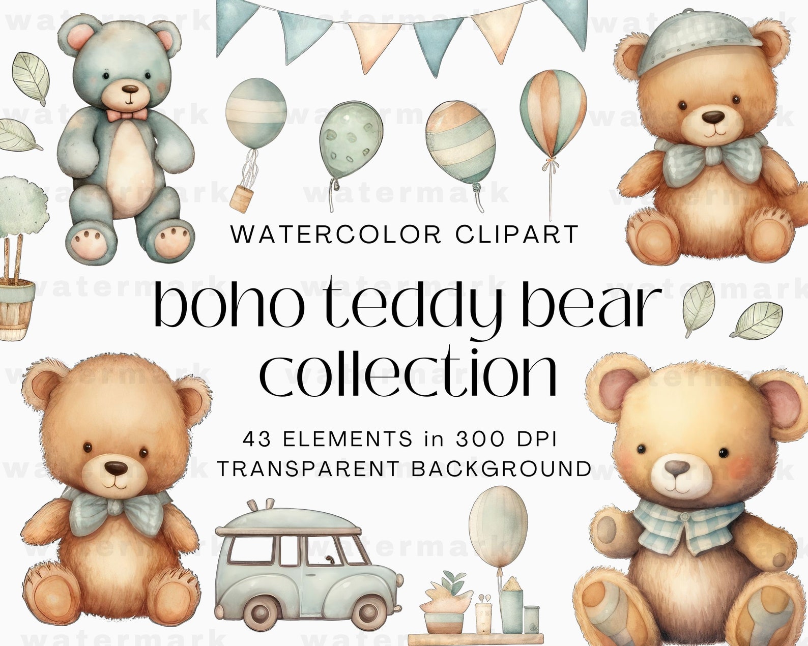 Boho Teddy Bear Watercolor Clipart Baby Shower Baby Monthly Clip Arts ...