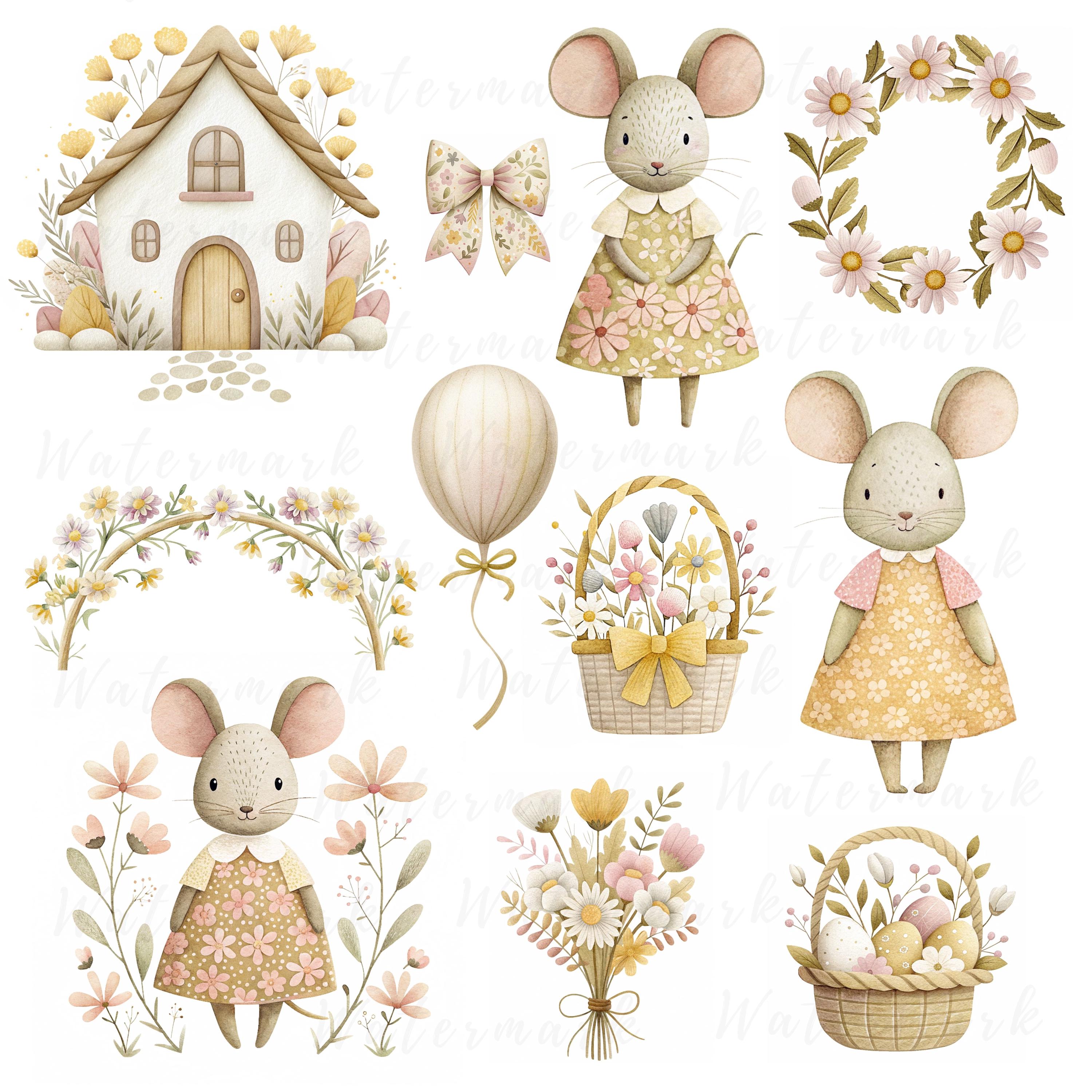 Mouse Clipart Watercolor, Nursery Clipart Bundle, Digital PNG Files ...
