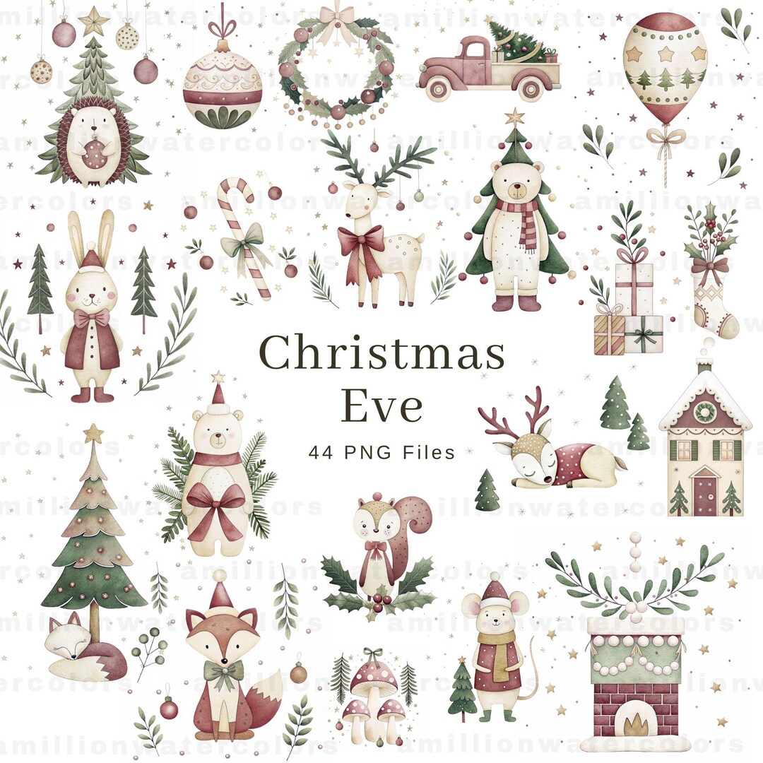 Handdrawn Christmas Clipart, Christmas Watercolor Clipart, Christmas ...