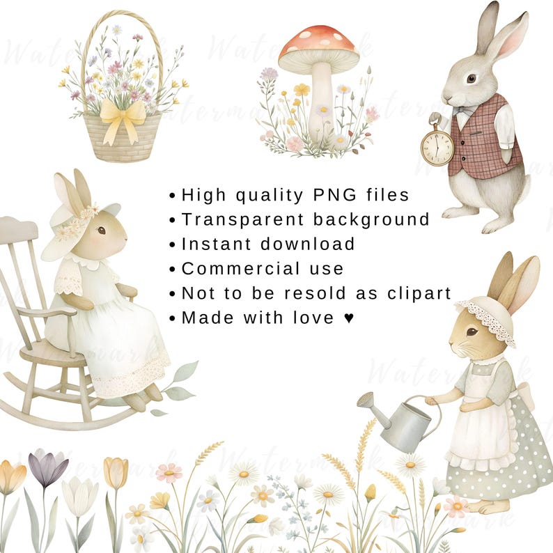 Watercolor Easter Clipart Country Easter Bunny Spring Clipart Vintage ...