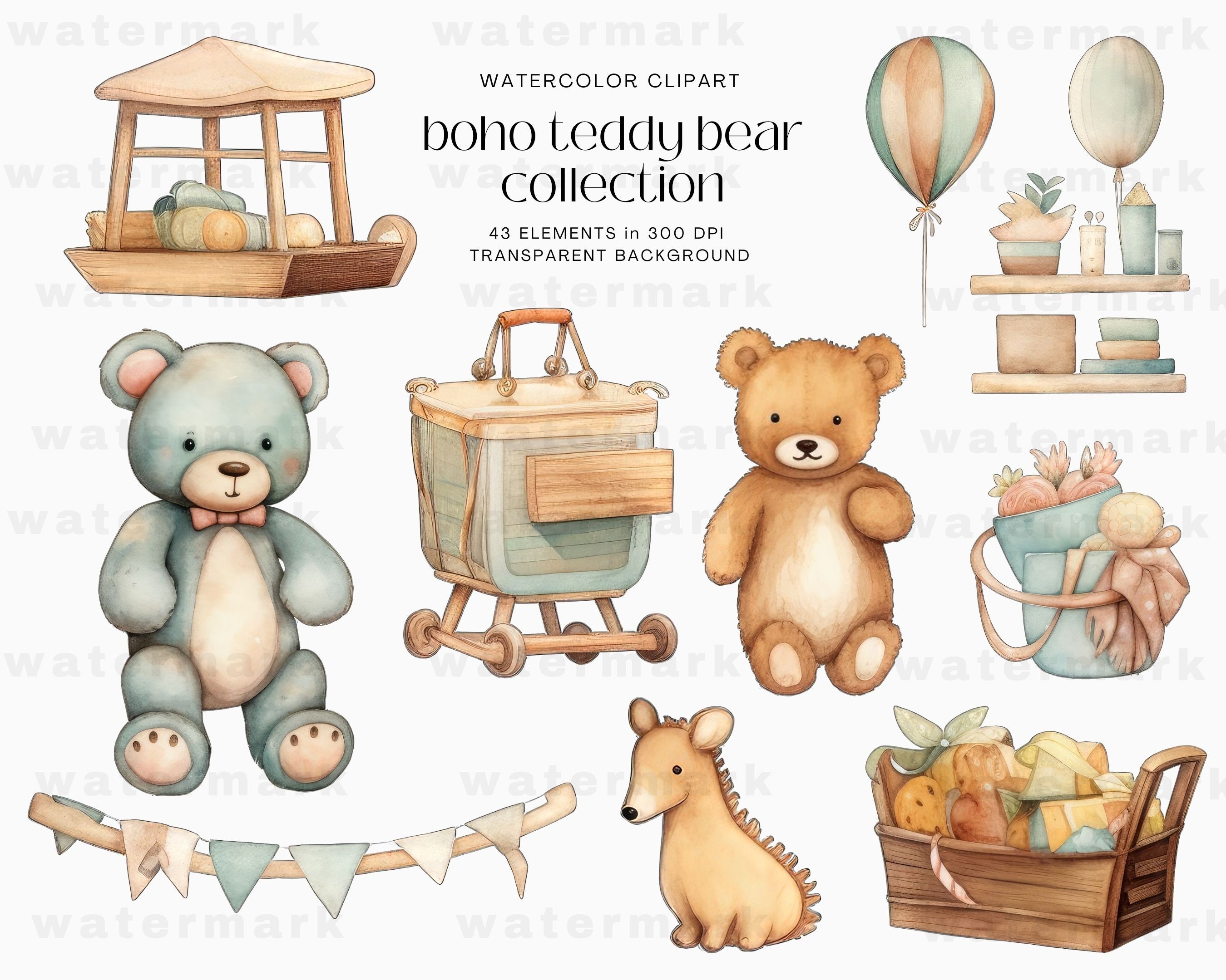 Boho Teddy Bear Watercolor Clipart Baby Shower Baby Monthly Clip Arts ...