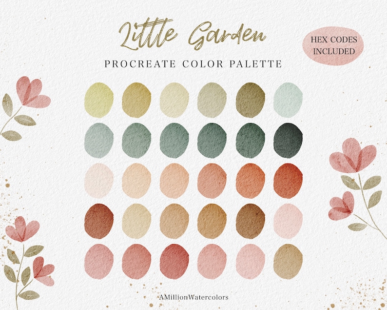 Green Procreate Color Palette Garden Pink Yellow Floral Color Scheme Watercolor Procreate Bundle