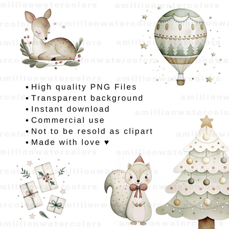 Handdrawn Christmas Clipart, Christmas Watercolor Clipart, Christmas ...