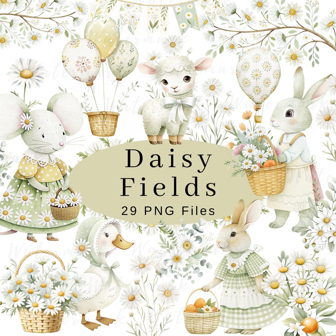 Easter Daisy Clipart Watercolor Spring Country Basket Cute Bunnies ...