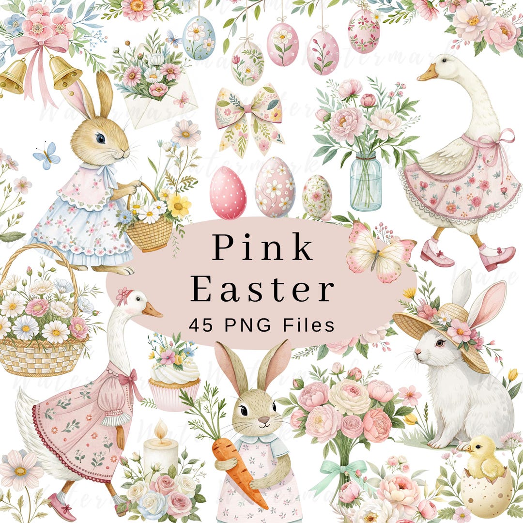 Pink Easter Clipart PNG Cute Watercolor Country Easter Clip Art Basket ...