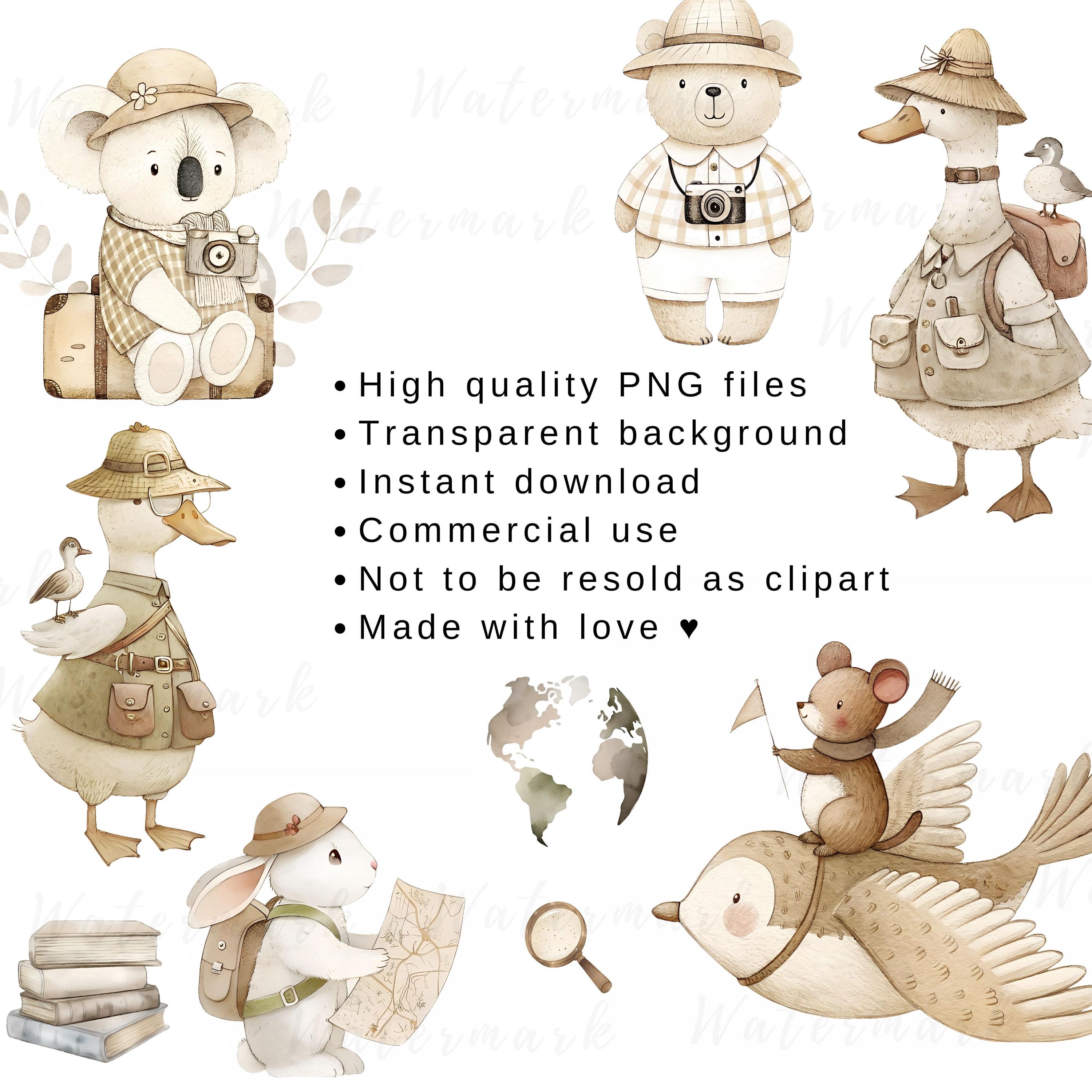Animal Traveler Clipart, Cute Animals PNG, Watercolor Animals ...