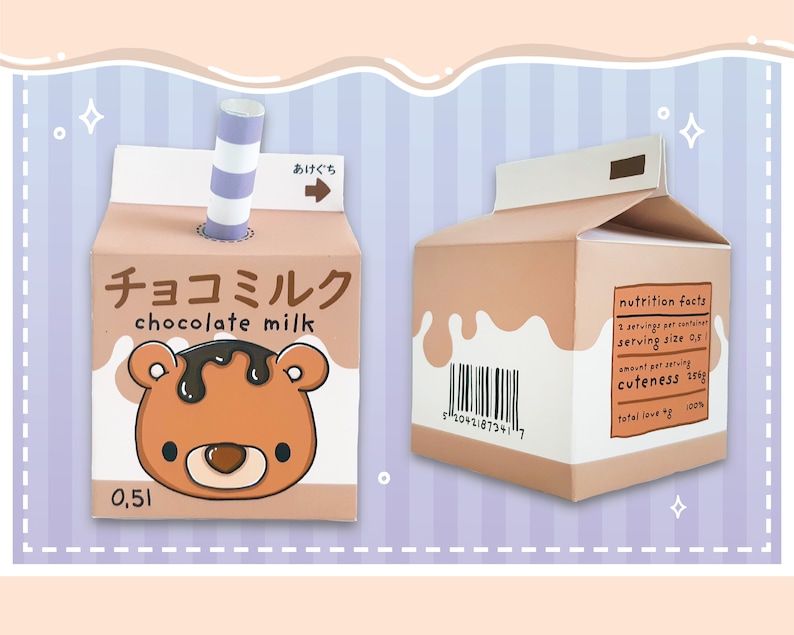 Chocolate Milk Carton Papercraft Template: Kawaii Bear DIY (PDF) - Etsy