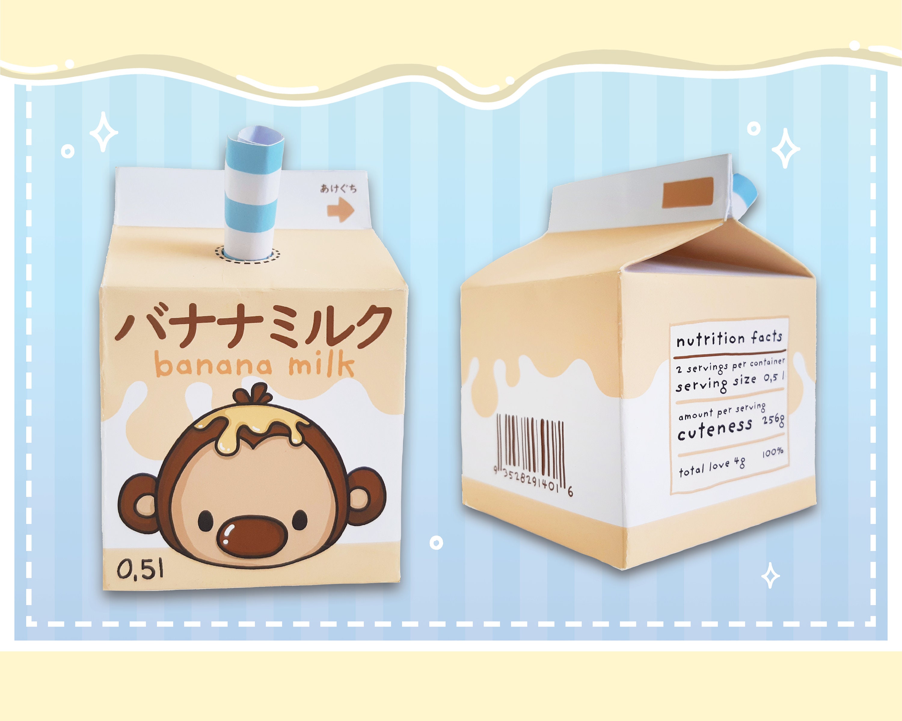 Cute Banana Milk Carton Papercraft DIY Template Monkey - Etsy