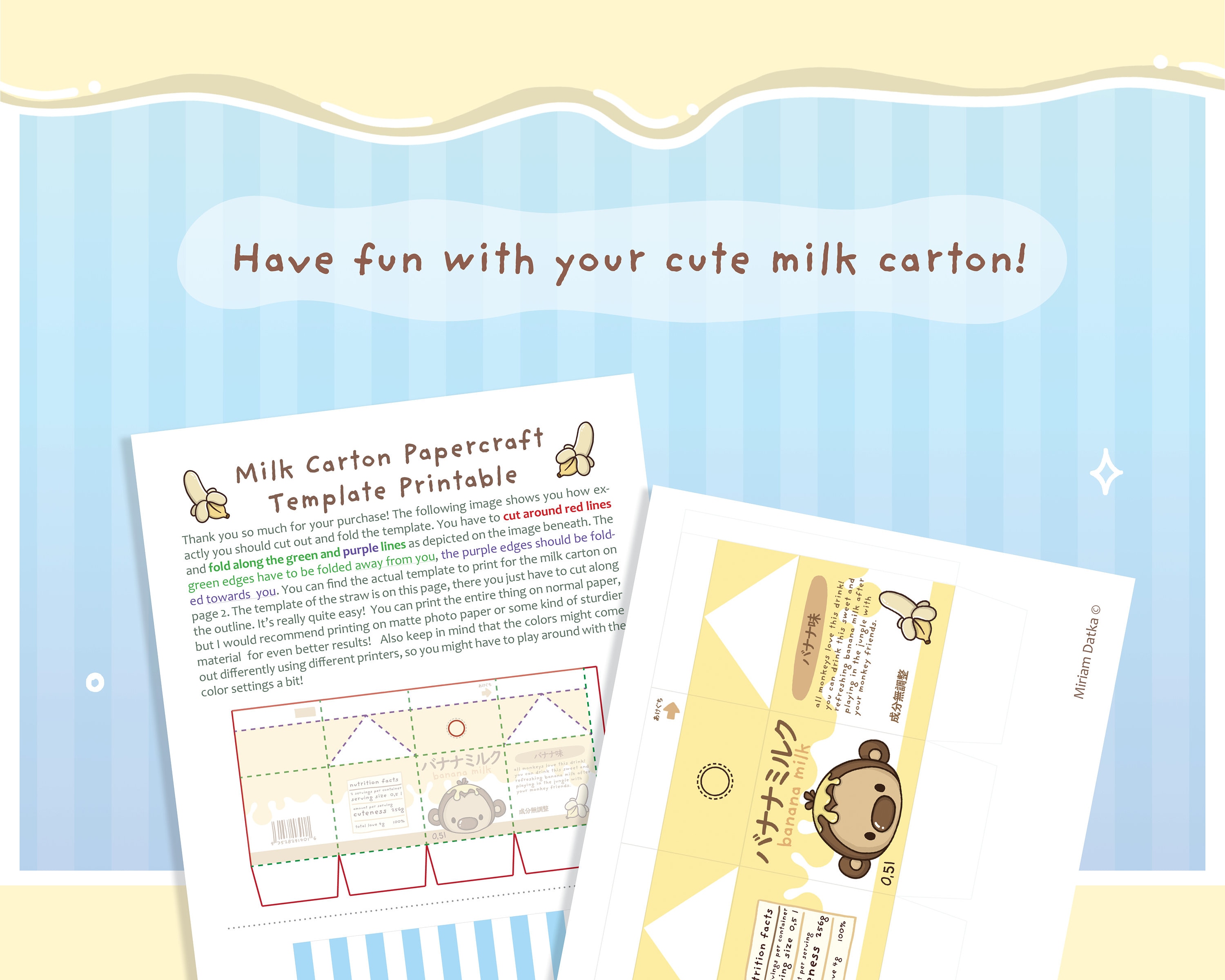 Cute Banana Milk Carton Papercraft DIY Template Monkey - Etsy