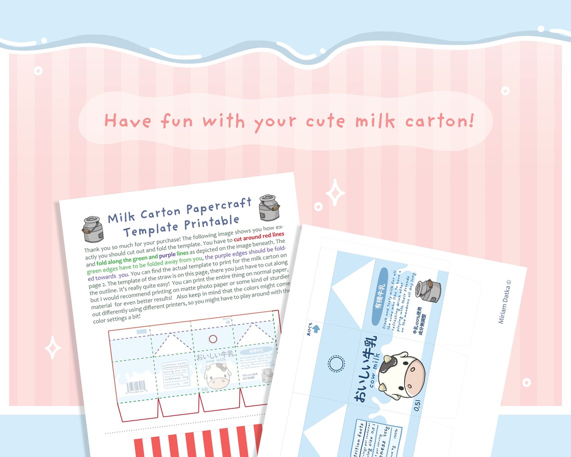 Cute Milk Carton Papercraft DIY Template Cow Kawaii - Etsy