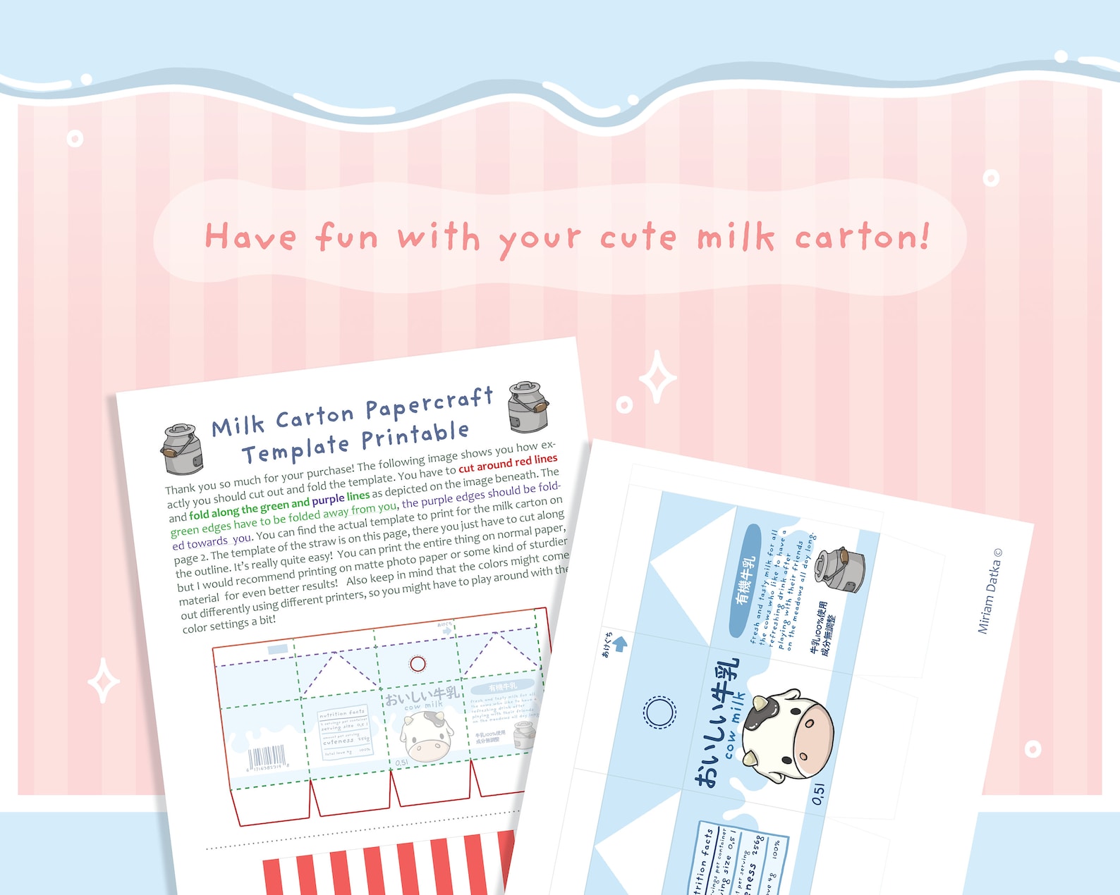 Cute Milk Carton Papercraft DIY Template Cow Kawaii - Etsy