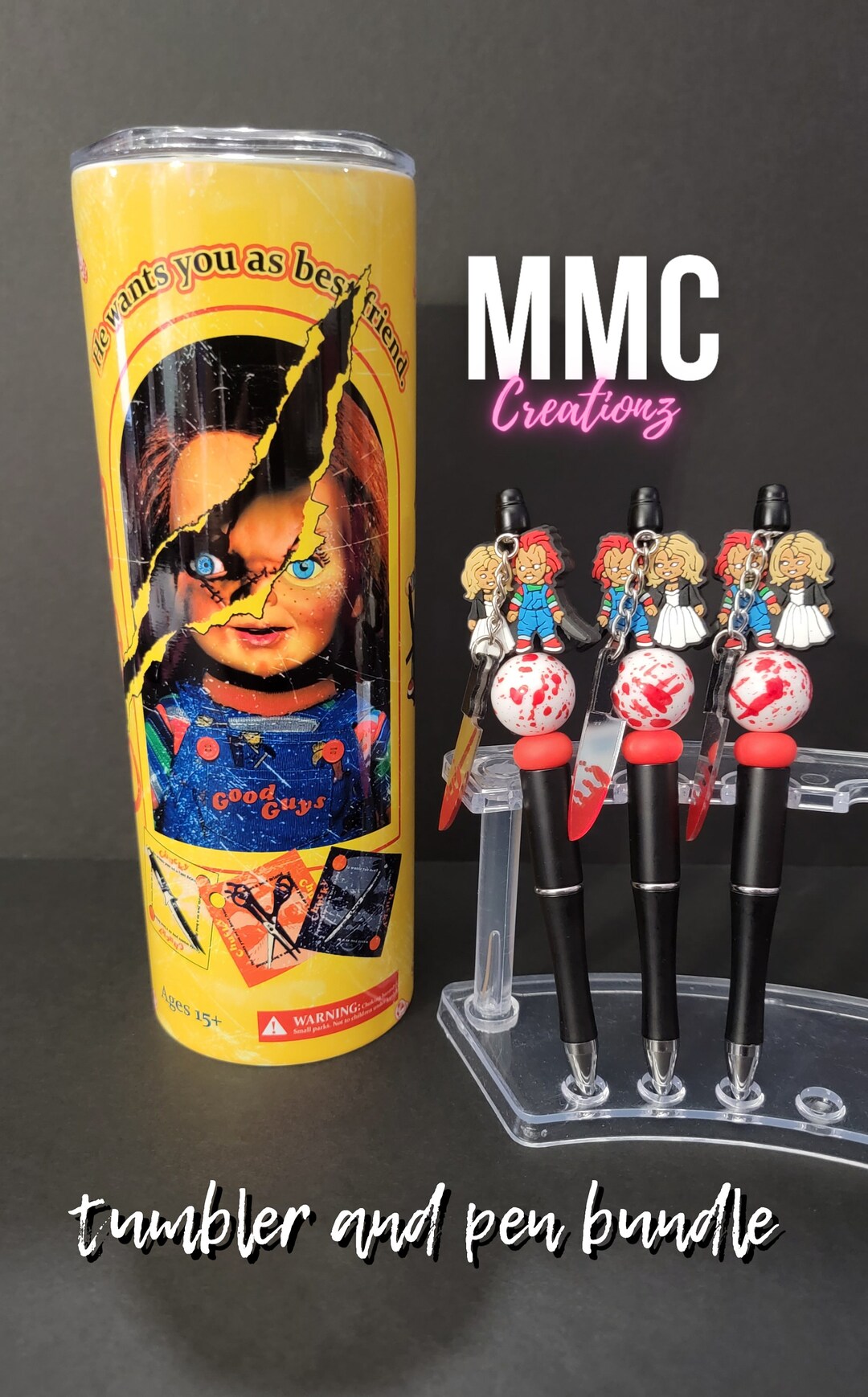Halloween Chuck Horror Doll Tumbler and Custom Charm Pen Bundle, Beaded ...