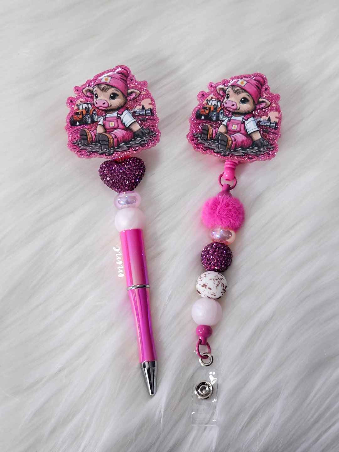 Custom Acrylic Pink Cow Badge Reel Beaded Pen Set, Matching Badge Reel ...