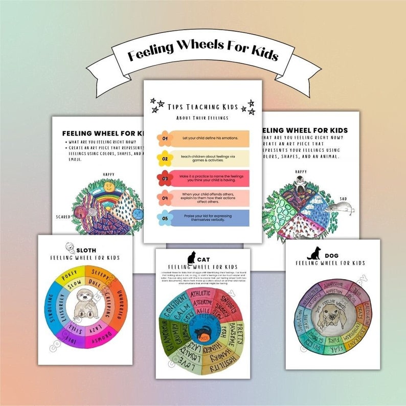 Feeling Wheel Posters for Kids Animal and Pattern Symbols Art Therapy ...