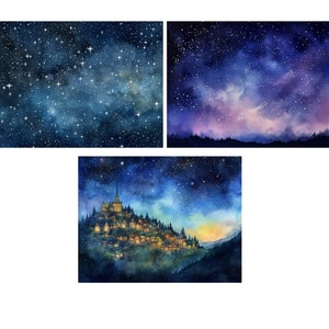 Watercolor Starry Night Sky Scene Digital Paper Clipart, Invitations ...