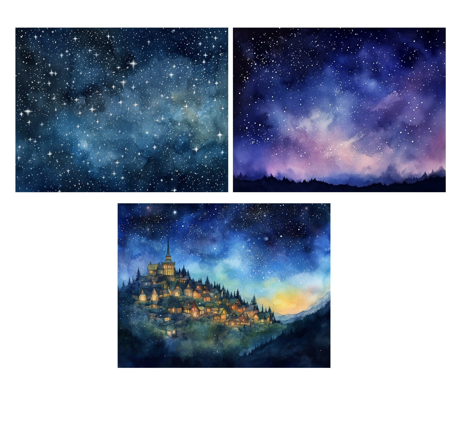 Watercolor Starry Night Sky Scene Digital Paper Clipart, Invitations ...