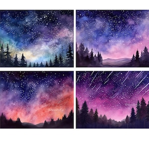 Watercolor Starry Night Sky Scene Digital Paper Clipart, Invitations ...