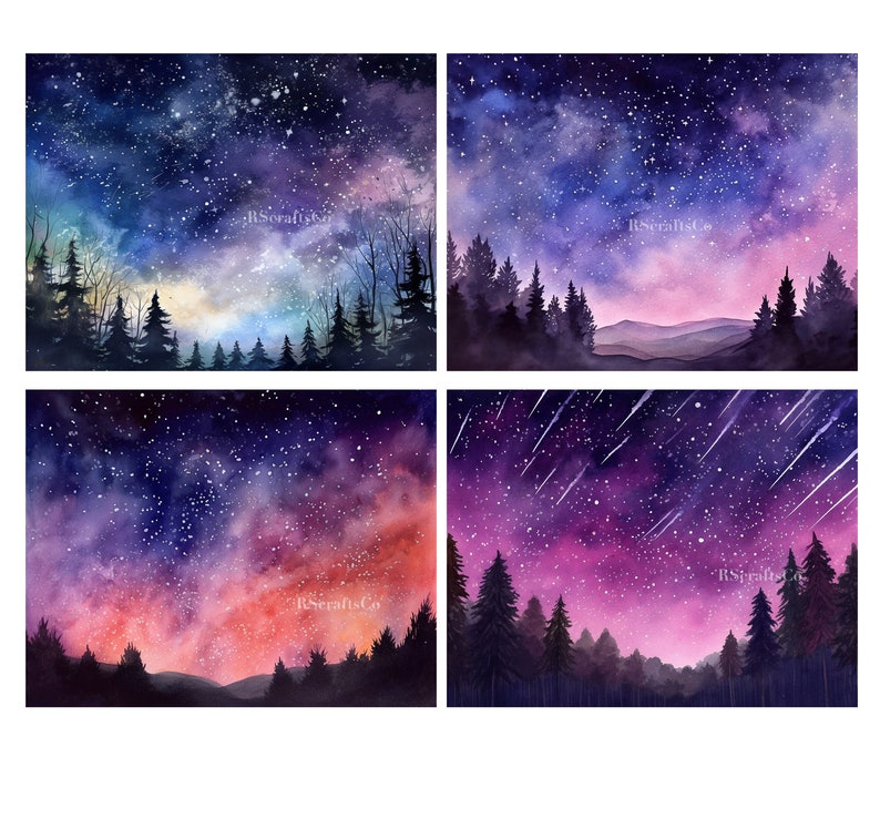 Watercolor Starry Night Sky Scene Digital Paper Clipart - Etsy