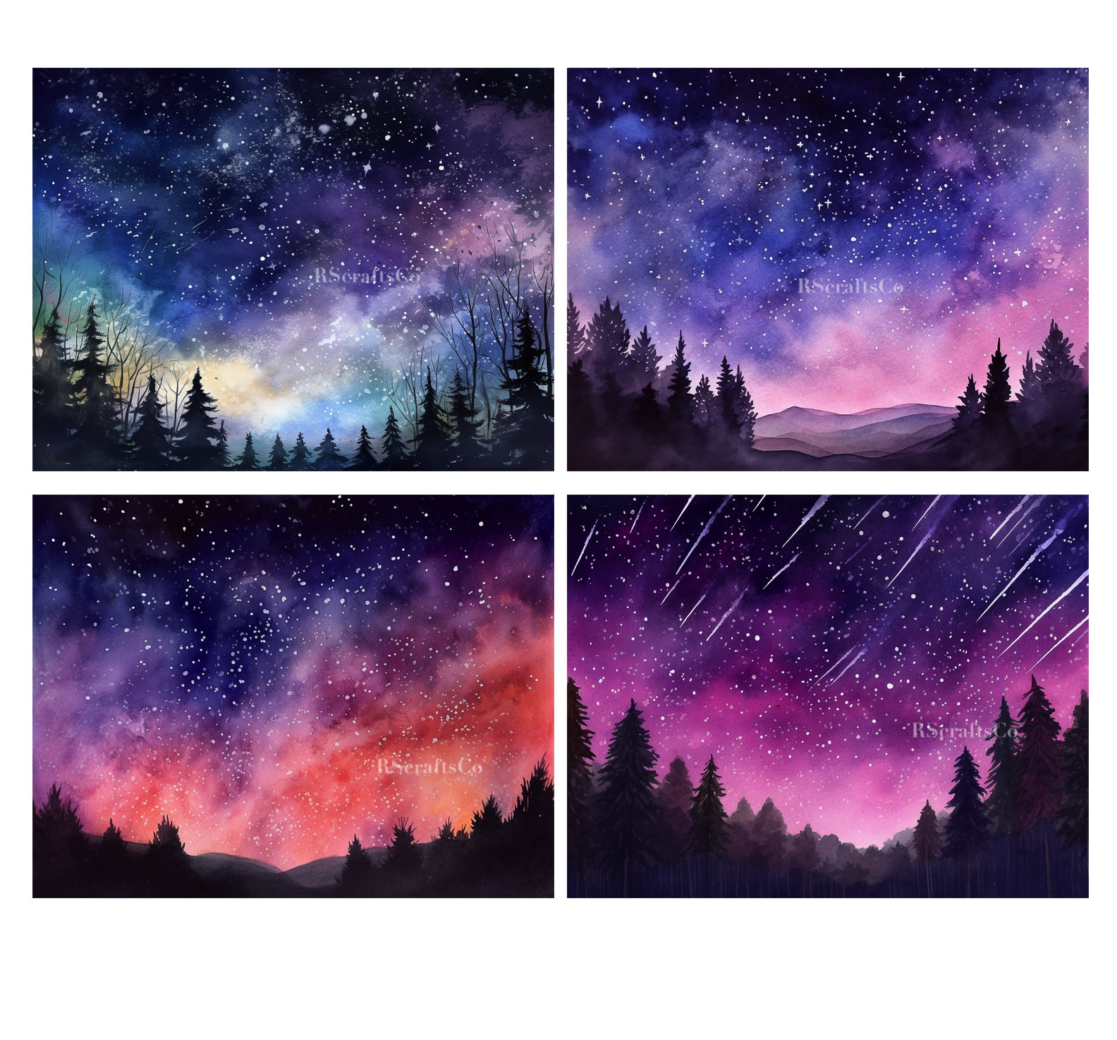 Watercolor Starry Night Sky Scene Digital Paper Clipart, Invitations ...