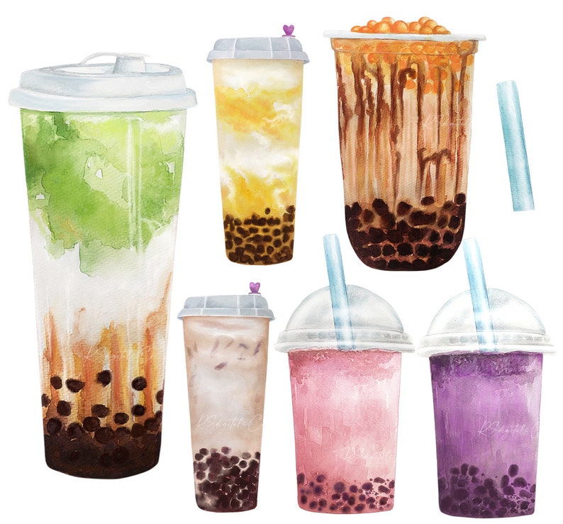 Boba Milk Tea Clip Art Elements / Watercolor Art / Bubble Tea Graphics ...