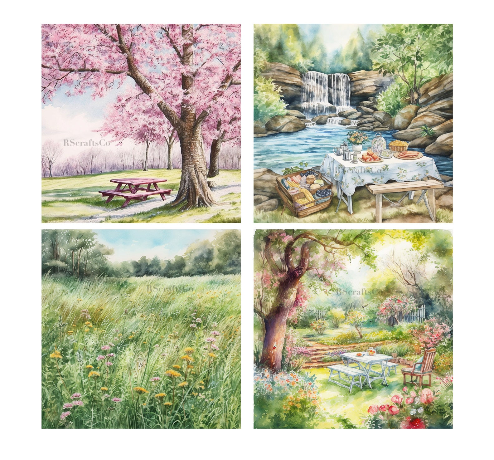 Watercolor Spring Picnic Scenes Digital Paper Clipart, Invitations ...