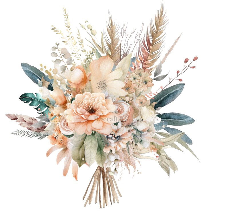 Boho Flower Clip Art Bouquet Flower Clip Art Elements, Watercolor Art ...