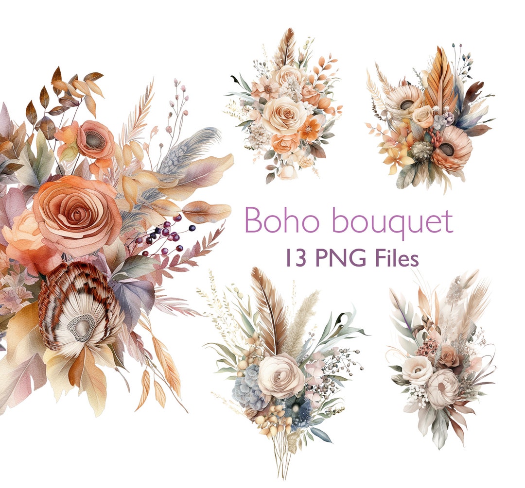 Boho Flower Clip Art Bouquet Flower Clip Art Elements, Watercolor Art ...