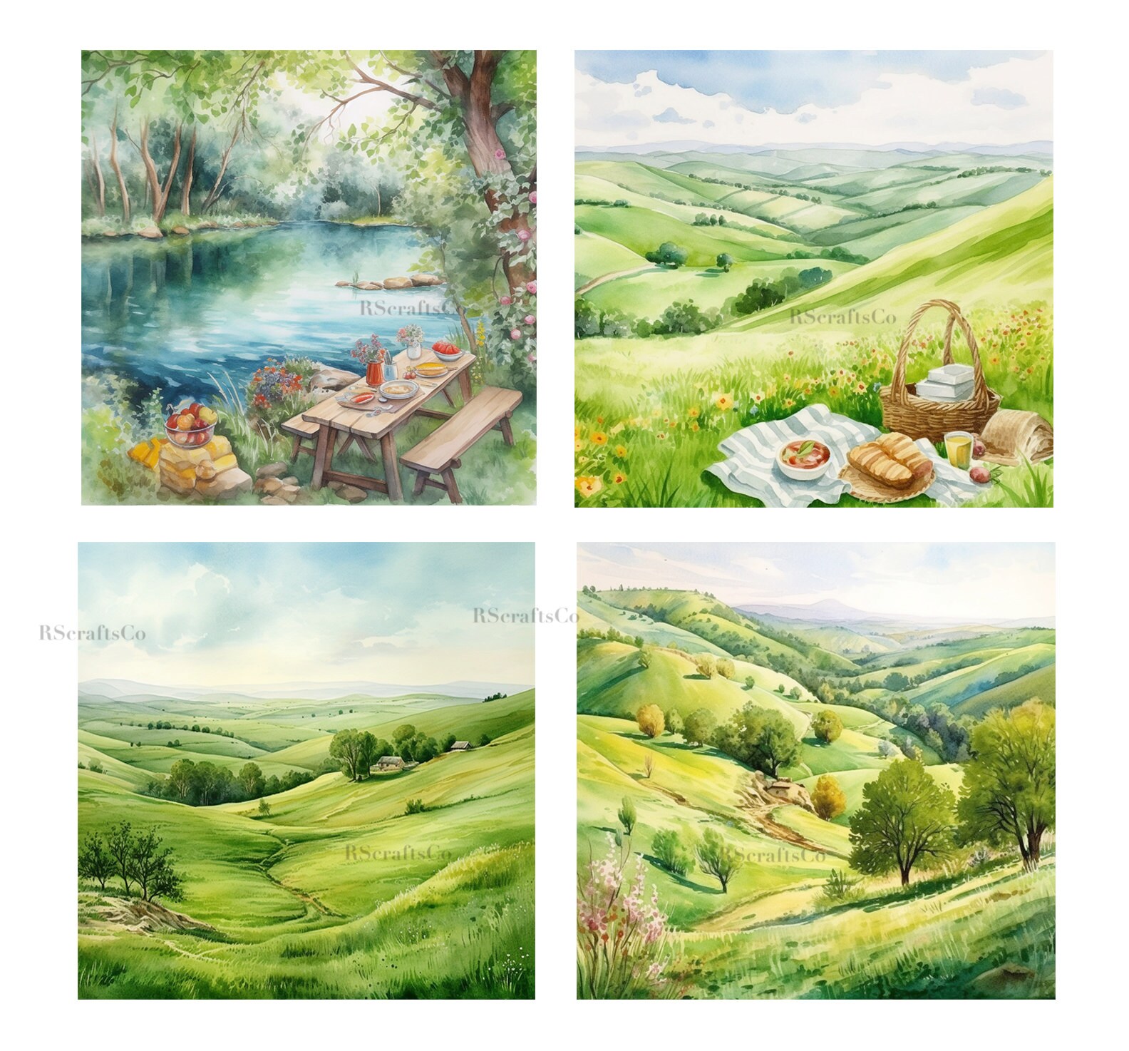 Watercolor Spring Picnic Scenes Digital Paper Clipart, Invitations ...