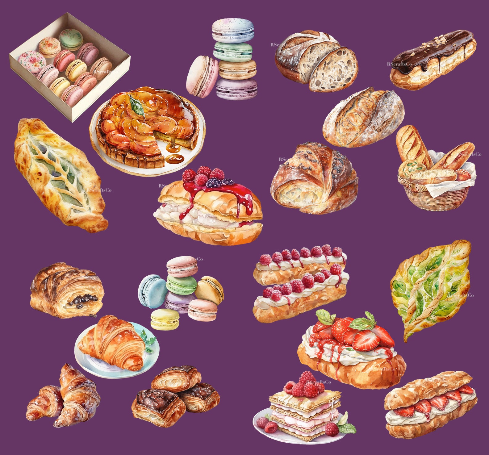 Watercolor Pastries Clip Art Elements, Bread Clipart, Bakery Graphics ...