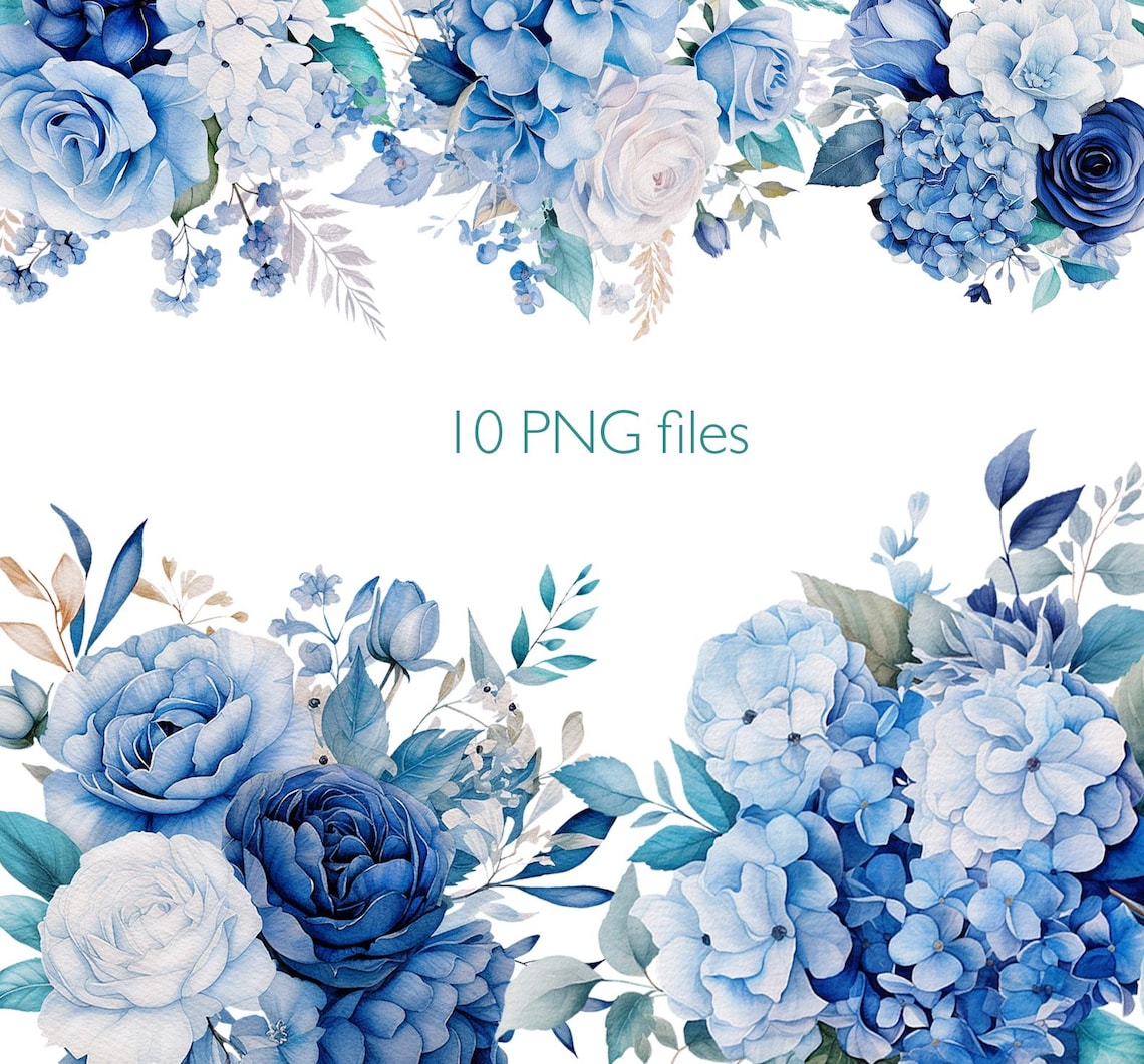 Blue Florals Clipart Flower / Clip Art Elements / Watercolor Art ...