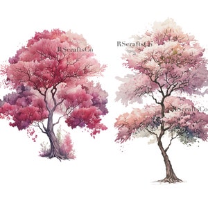 Pink Tree Clipart / Clip Art Elements / Trees Watercolor Art / Graphics ...