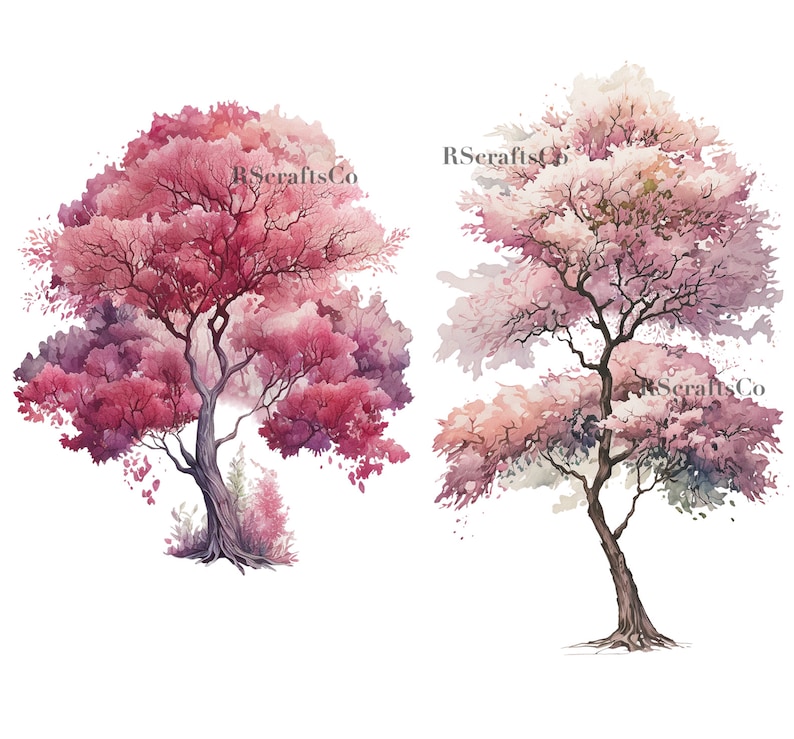 Pink Tree Clipart / Clip Art Elements / Trees Watercolor Art / Graphics ...