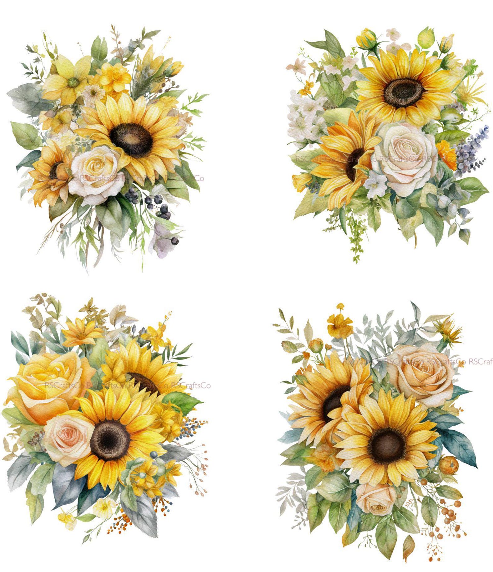Sunflower Floral Clipart Flowers / Clip Art Elements / Watercolor Art ...