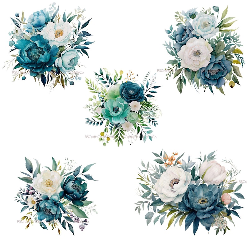 Teal Floral Clipart Blue Green Color Flower / Clip Art Elements ...
