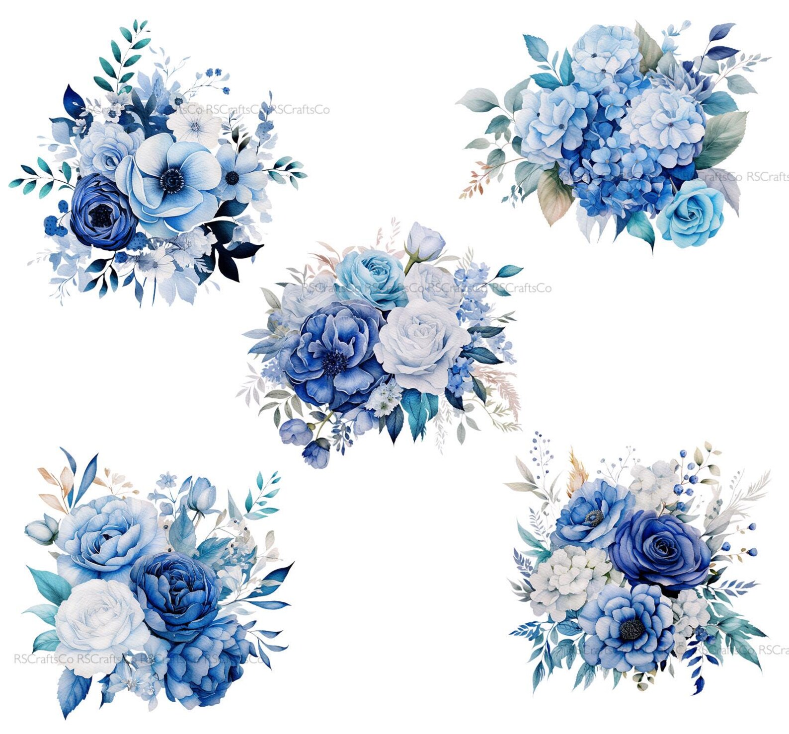 Blue Florals Clipart Flower / Clip Art Elements / Watercolor Art ...